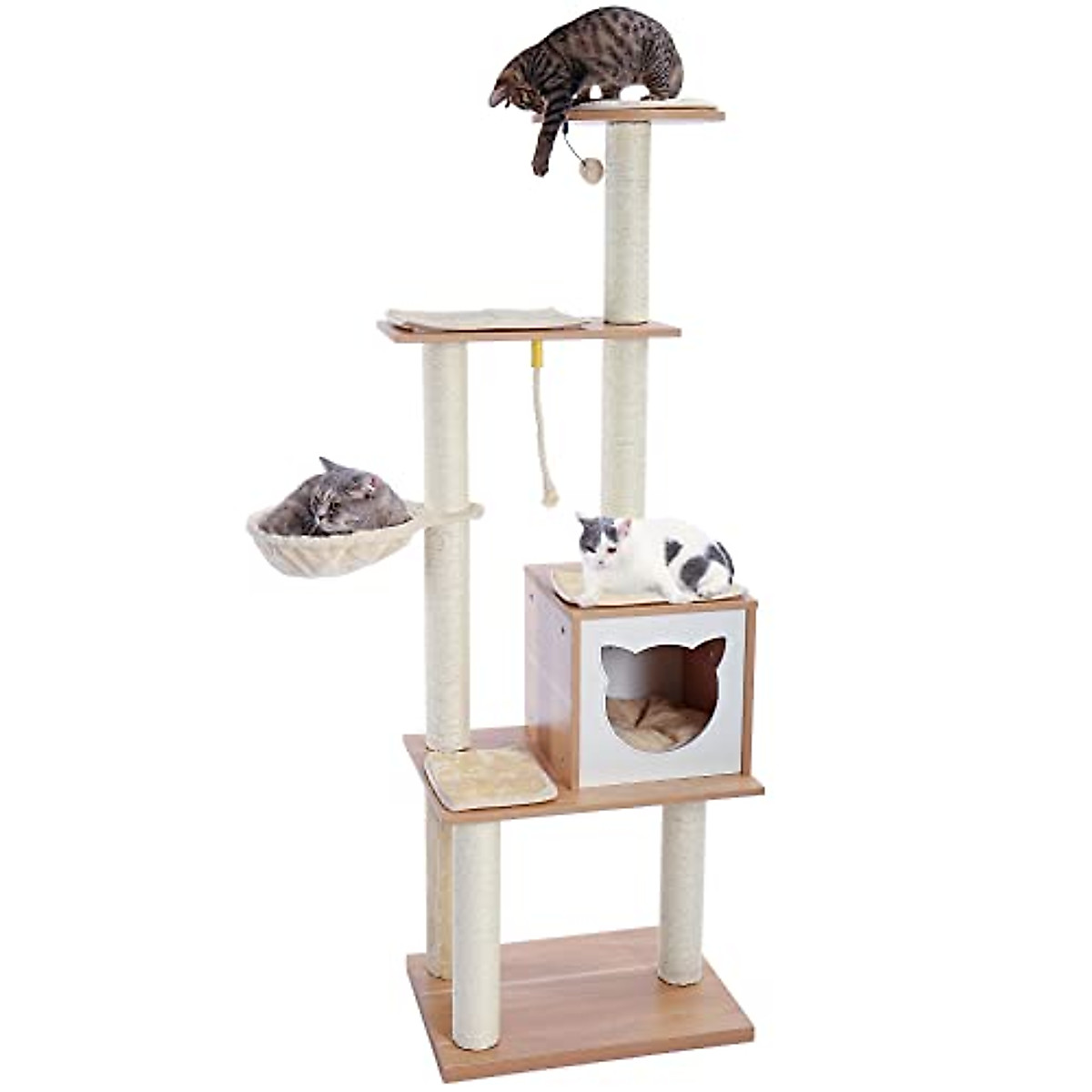 Made4Pets Cat Tree Cat Tower for Indoor Cats 65.6 Inches Modern Wood Cat Condo with Scratching Post for Large Cats Climbing, Multi-Level Tall Cat Tower Tree House with Hammock for Kitten Play and Rest