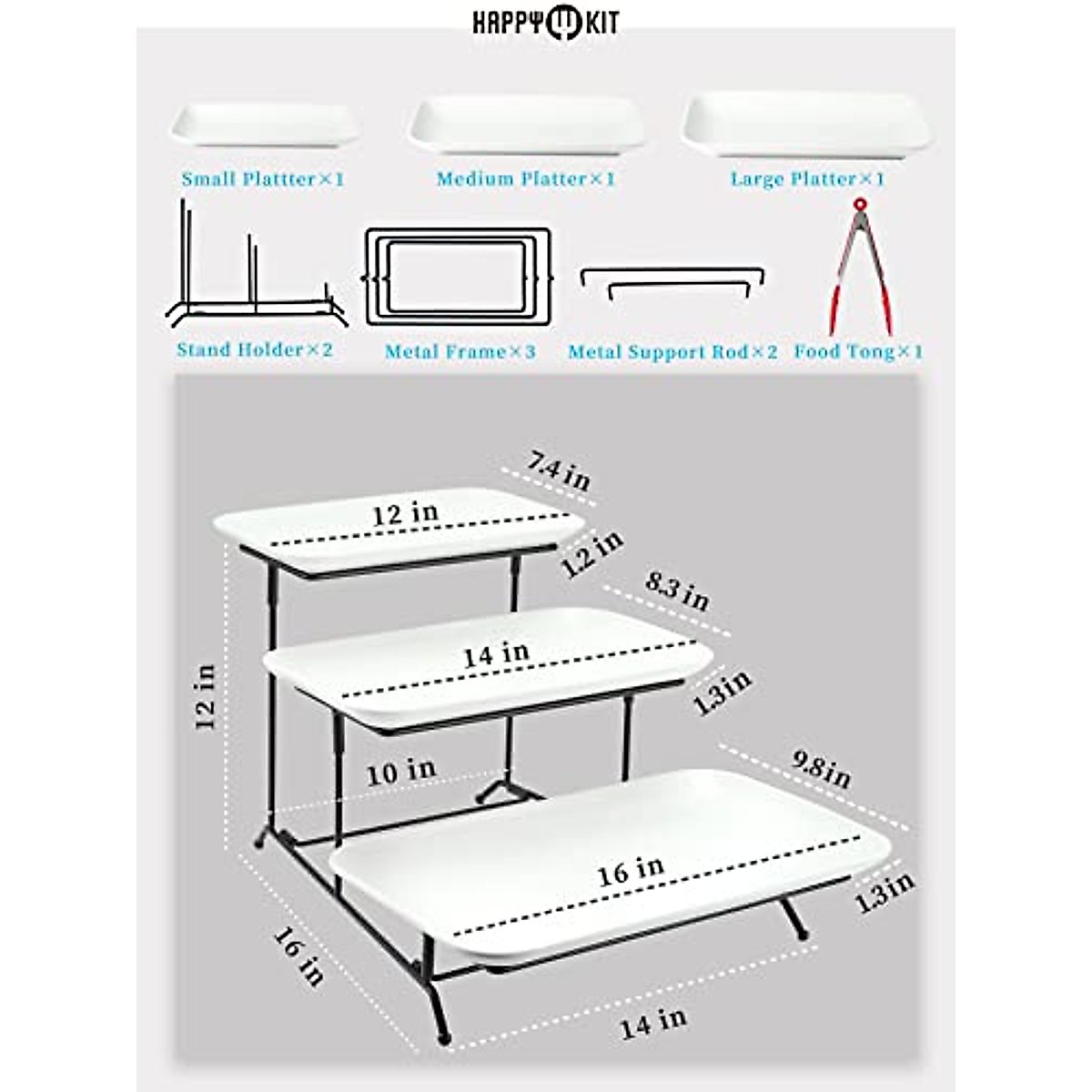 HAPPY KIT 3 Tier Serving Tray with Tong, Ceramic Rectangular Serving Platters for Cupcake Stand Display, 16/14/12inch Tiered Serving Tray with Collapsible Sturdy Metal Rack for Dessert Server Display