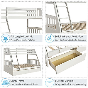 Merax Solid Wood Twin Over Full Bunk Bed with Two Storage Drawer, Removable Ladder and Safety Guardrail for Kids, Teens, Adults, Convertible to 2 Separated beds (White)