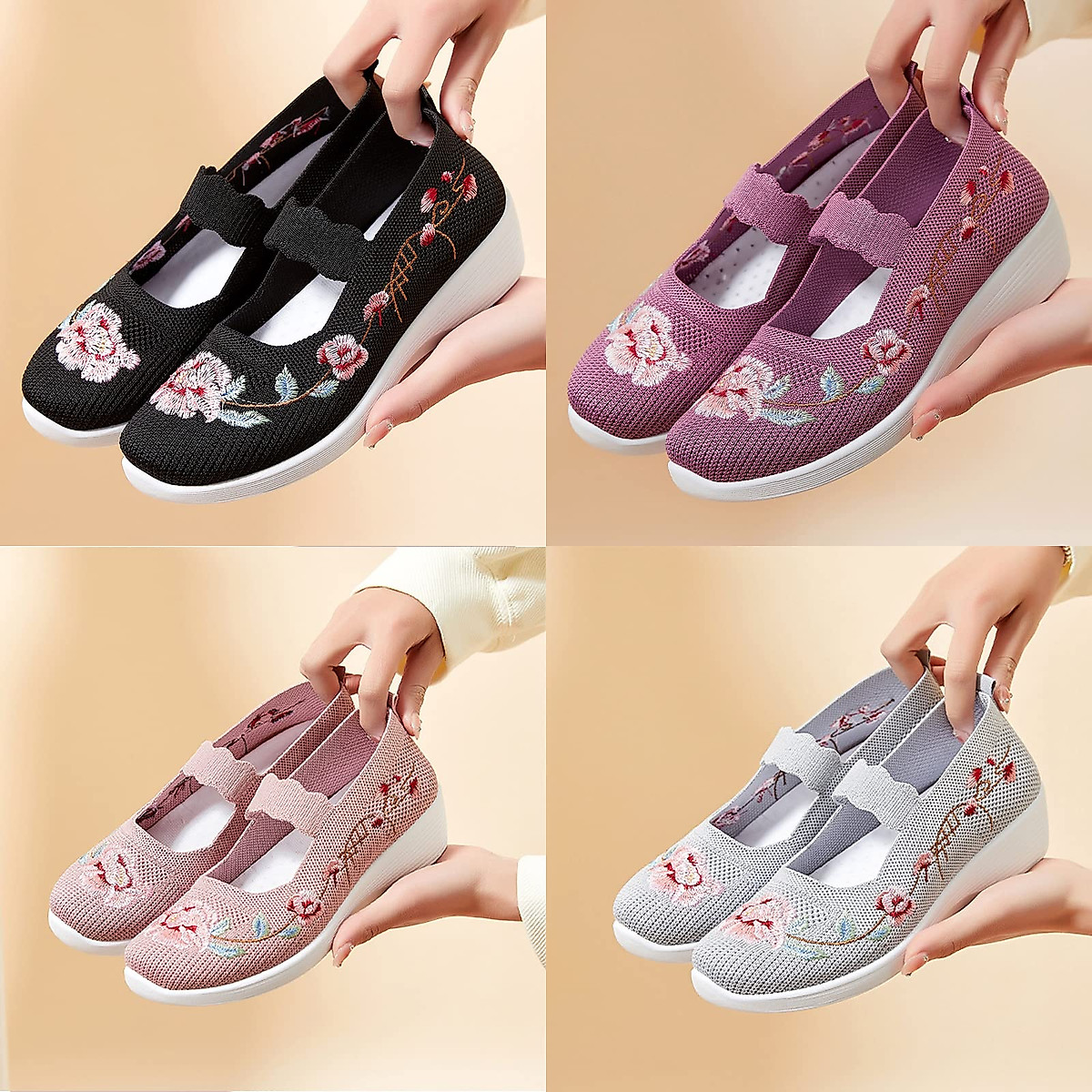 Lymphvity Women's Flower Embroidered Mesh Slip On Walking Shoes Height Fashion Wedge Increasing Loafers Sneakers Non Slip Memory Foam Mom Walking Nurse Shoes (7,Pink)