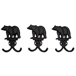 Rustic Black Bear Cast Iron Double Wall Hooks, Set of 3, 5.25 Inches