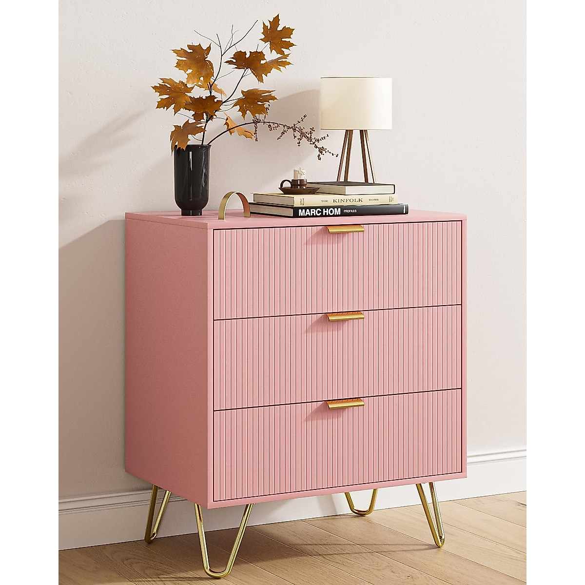 Aobafuir 3 Drawer Dresser for Bedroom, Modern Closet Dressers Chest of Drawers, Storage Dresser Chest Cabinet Organizer Unit, Small Fluted Dresser for Bedroom (Pink Stripe)