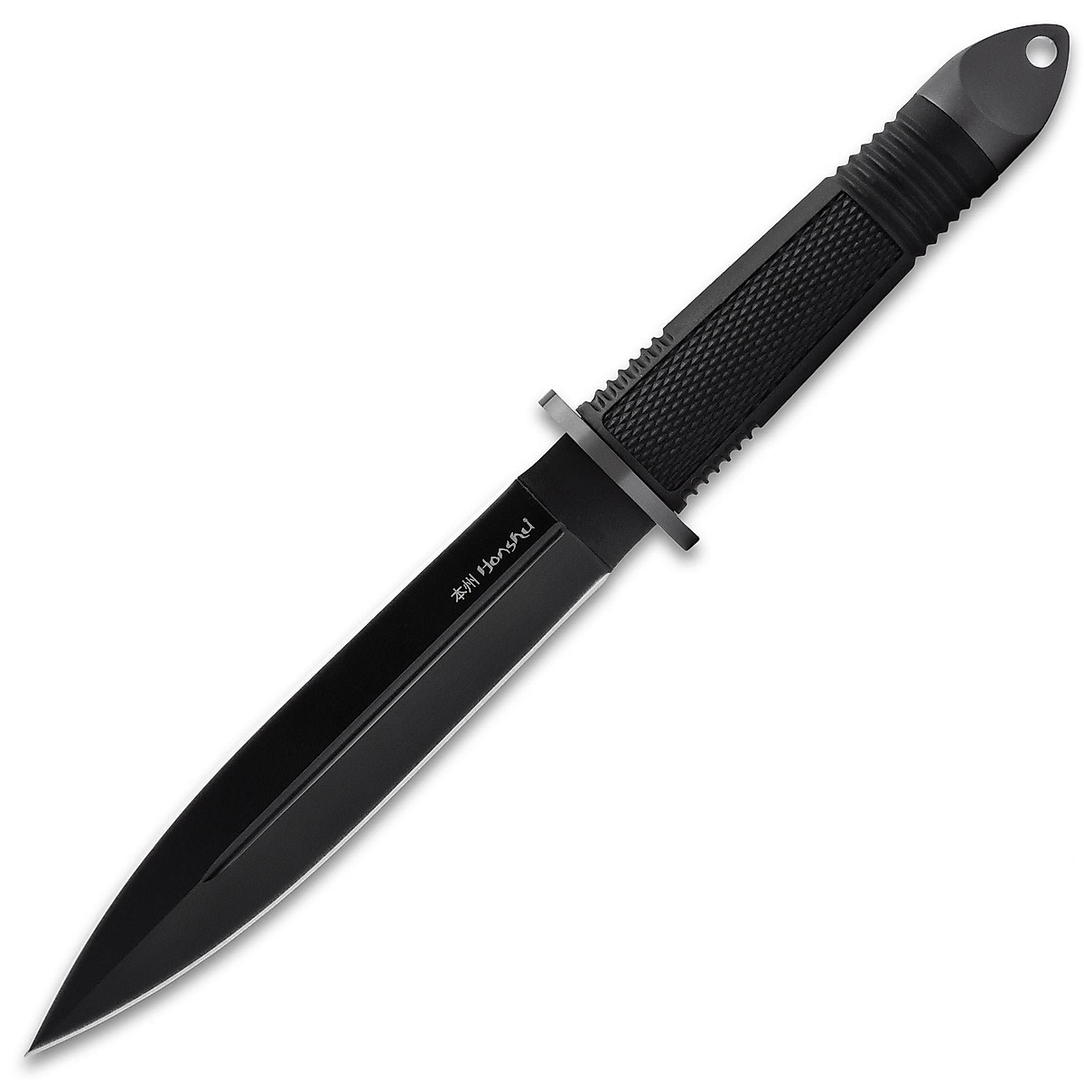 HONSHU Midnight Forge Fighter Knife and Leather Belt Sheath - Stainless Steel Blade, Double-Edged, Rubberized Grip, Steel Guard and Pommel, Non-Reflective Fixed Blade for Tactical Use - Length 13 1/4”