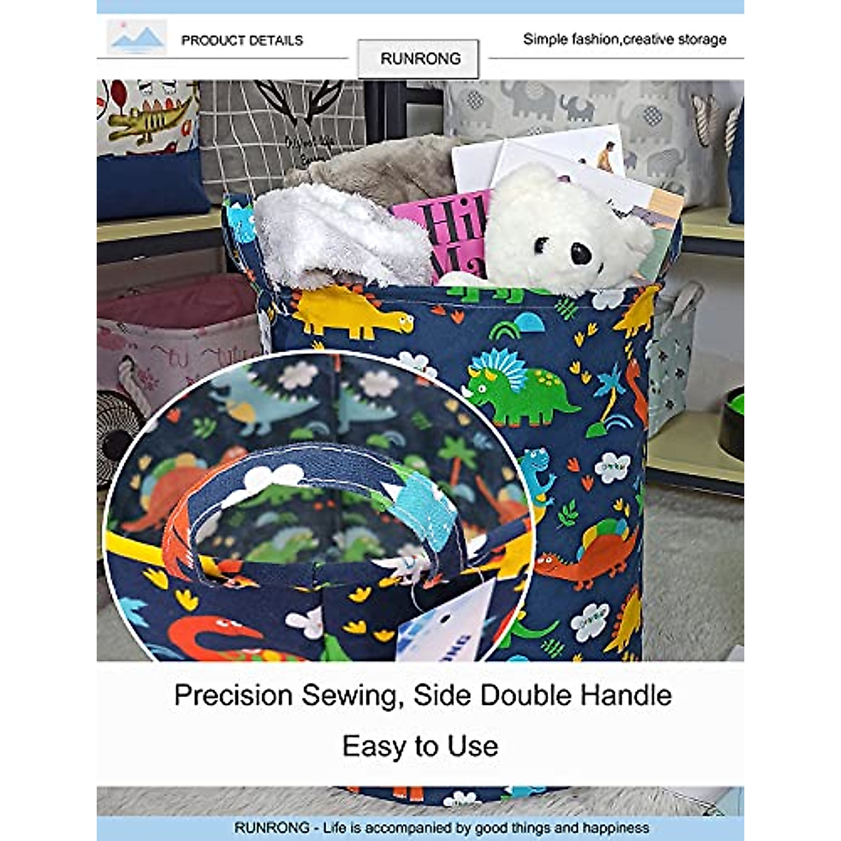 CherryPig RUNRONG Large Size Round Storage Basket Foldable Waterproof Canvas Laundry Hamper with Handles Nursery Organizer for Bedroom/Living Room/Bathroom(Round Dinosaur Paradise)