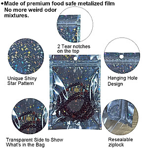 Holographic Bags 4x6 Inch,100PCS Star Pattern Resealable Mylar Bags Zip Lock Bags For Food Storage Candy Wrap Jewelry Lip gloss