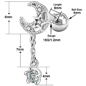 OUFER 16G Stainless Steel Cartilage Earring Moon with CZ Dangle Tragus Earrings Cartilage Earring Stud