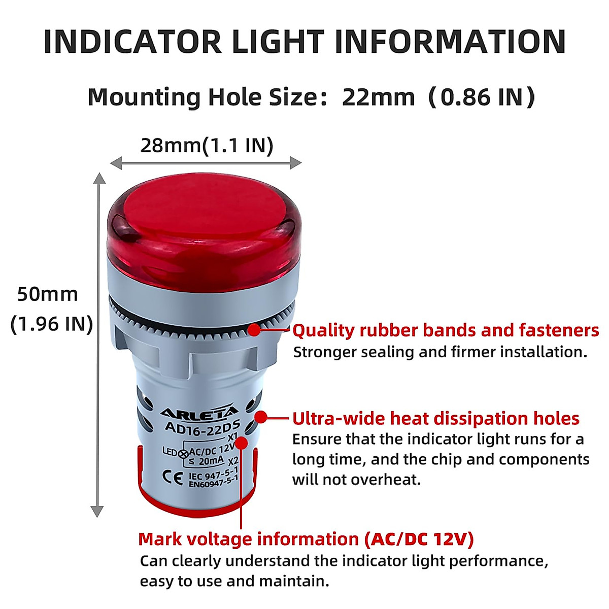 ARLETA 10pcs Energy Saving LED Indicator Light Voltage 12V/24V/110V Current 20mA Mounting Hole Size 22mm(7/8 Inch) Green Yellow Red Blue White (12V)