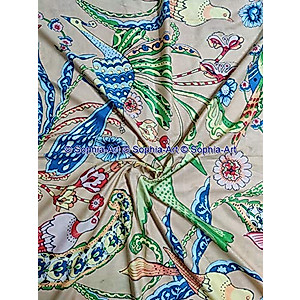 Indian Hand-Block Printed Jaipuri Peacock Bird Print Ethnic Sanganer Kurti Print Cotton Dressmaking Sewing Gypsy Quilting Beautiful Hand Voile Craft Fabric by The Yard (Beige, 5 Yards)