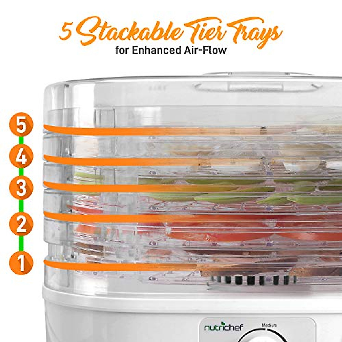 NutriChef Food Dehydrator Machine - Professional Electric Multi-Tier Food Preserver, Meat or Beef Jerky Maker, Fruit & Vegetable Dryer with 5 Stackable Trays, High-Heat Circulation - PKFD06