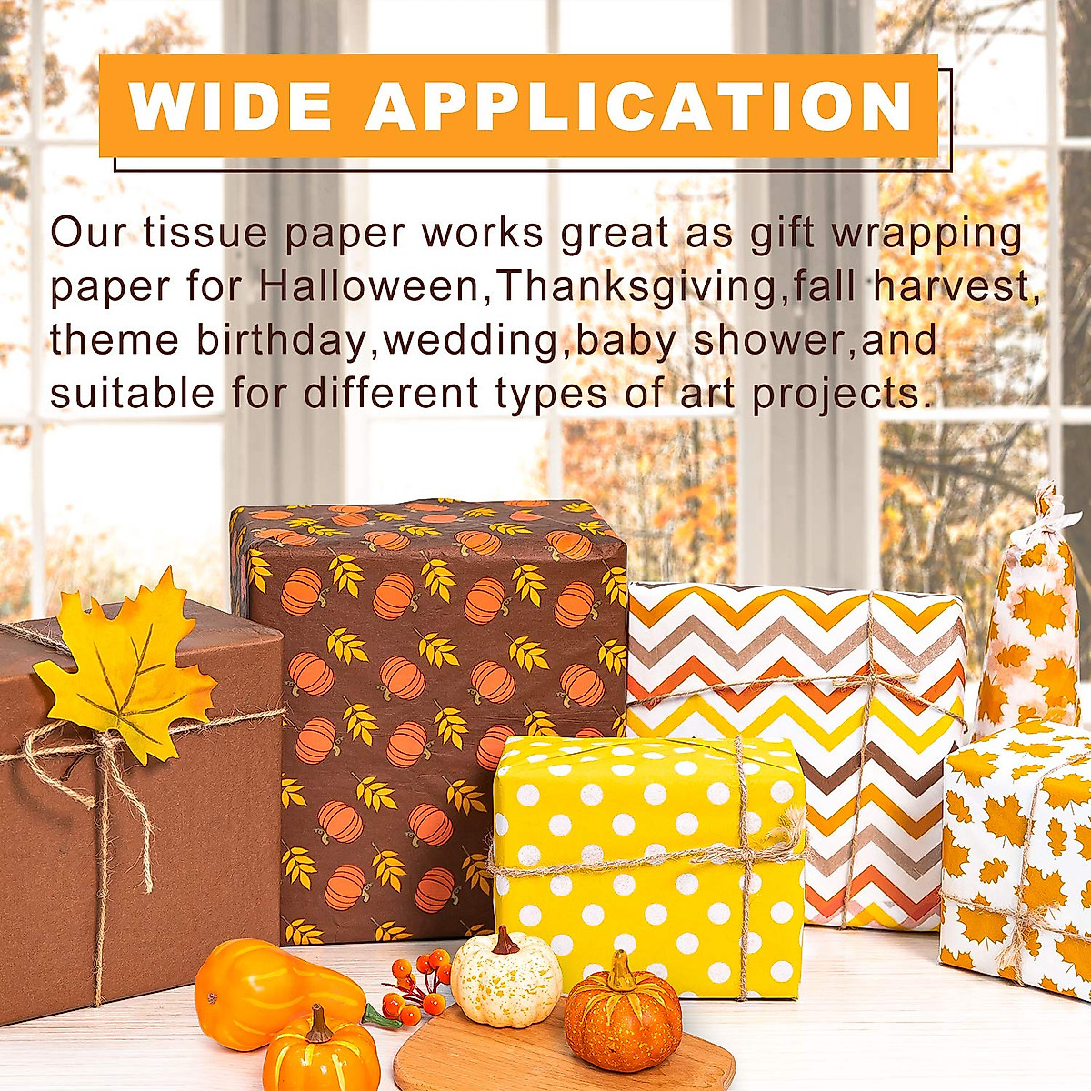 Whaline 90 Sheet Fall Thanksgiving Tissue Paper Autumn Pumpkin Maple Leaves Wrapping Paper Art Paper Crafts for Halloween Harvest Birthday Wedding Party Gift Bag Festival Pompom Confetti (6 Designs)