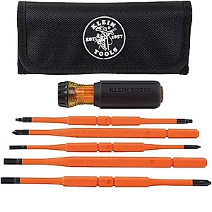Klein Tools 32288 Insulated Screwdriver, 8-in-1 Screwdriver Set with Interchangeable Blades, 3 Phillips, 3 Slotted and 2 Square Tips