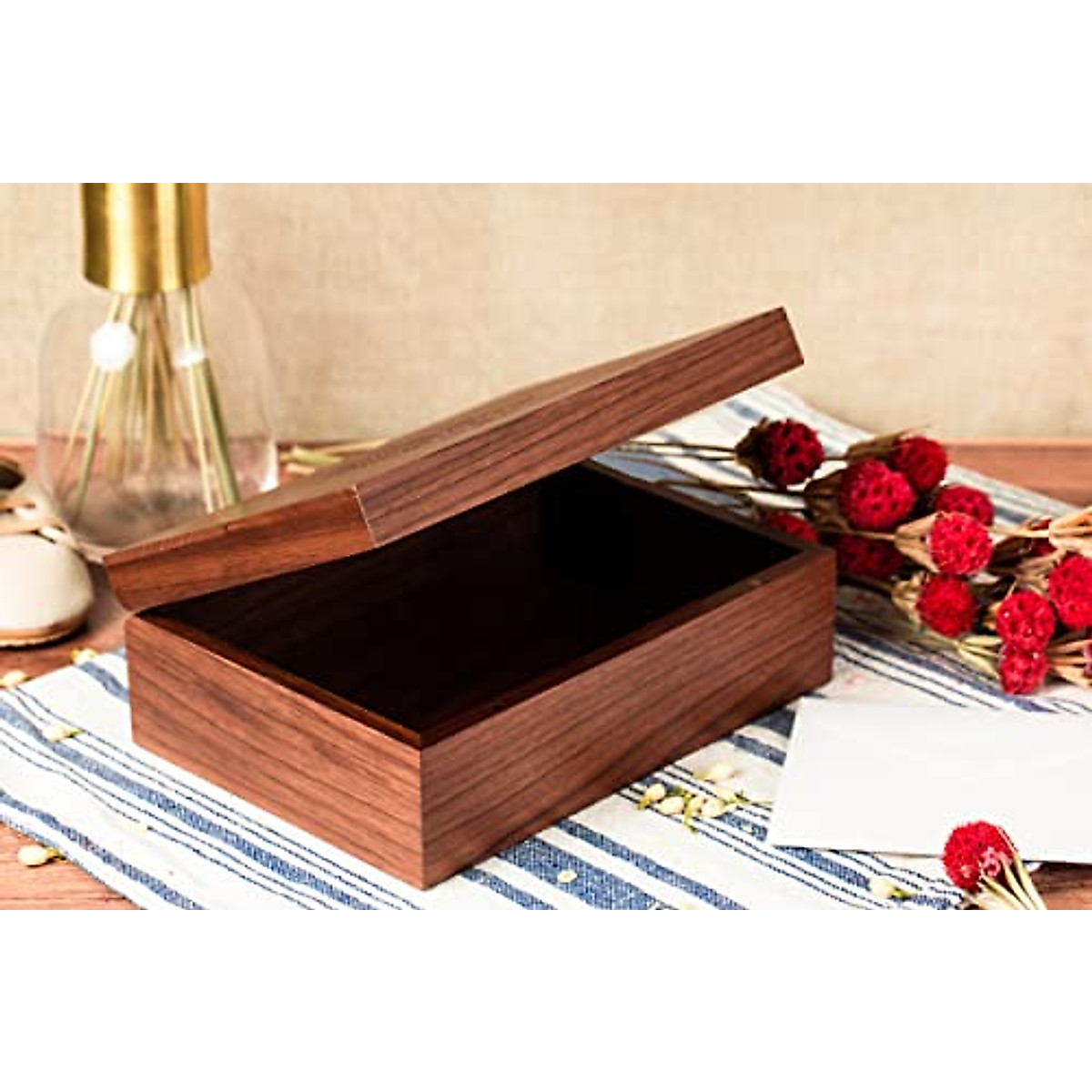 Wooden Box with Hinged Lid - Large Wood Storage Box with Magnetic Lid - Rectangle Wooden Storage Box - Brown keepsake Box- Decorative Wood Box with lids - Stash Boxes - Walnut Finish