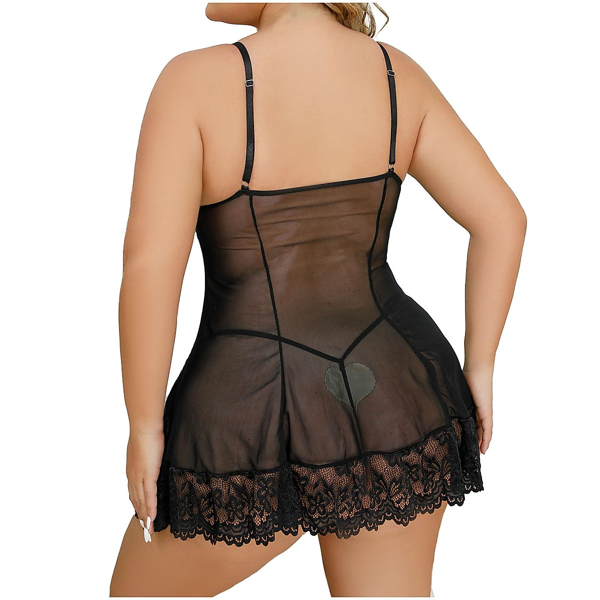Women's Lingerie Babydoll Sexy Lace Chemise Plus Size Lingerie Pajamas Mesh Nightgowns 2 Piece Lingerie Set Nightwear, Women's Lingerie Sexy Chimese, Plus Size Chemise for Women Black