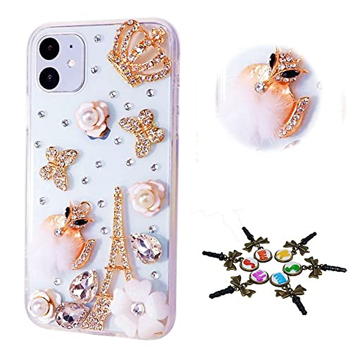 STENES Sparkle Phone Case Compatible with Samsung Galaxy A04 Case - Stylish - 3D Handmade Bling Crown Fox Eiffel Tower Butterfly Flowers Rhinestone Crystal Diamond Design Cover Case - Gold
