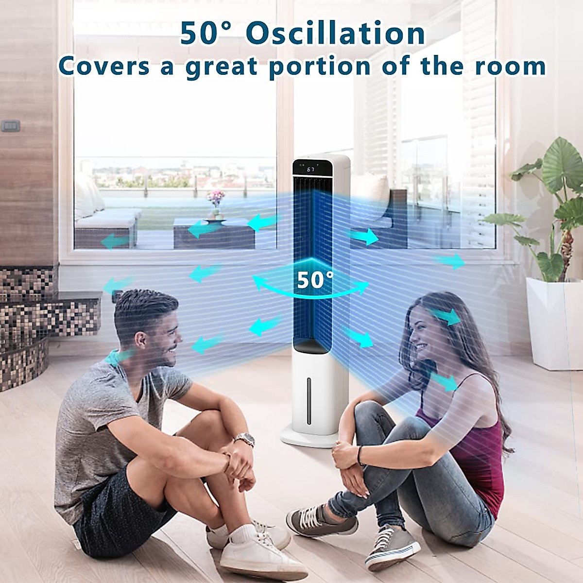 2-In-1 Evaporative Air Cooler - 41” Quiet Cooling Tower Fan Humidifier Portable Swamp Cooler with Bladeless Design, 60° Oscillation, Remote Control, 3 Modes and 3 Wind Speeds, 12H Timer, 4 Ice Boxes