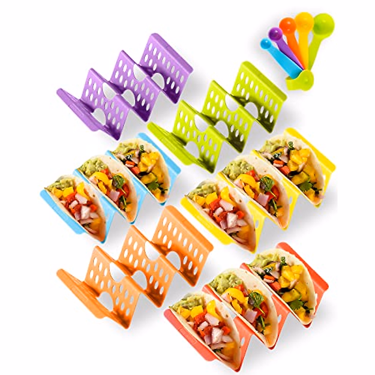 Premium Large Taco Holder Stand, Colorful Taco Holders Set of 6 or 4, Taco Stands for 3 Tacos, Soft or Hard Taco Shell Holder, Street Taco Rack, Taco Tray Plates, BPA Free, Dishwasher&Microwave Safe