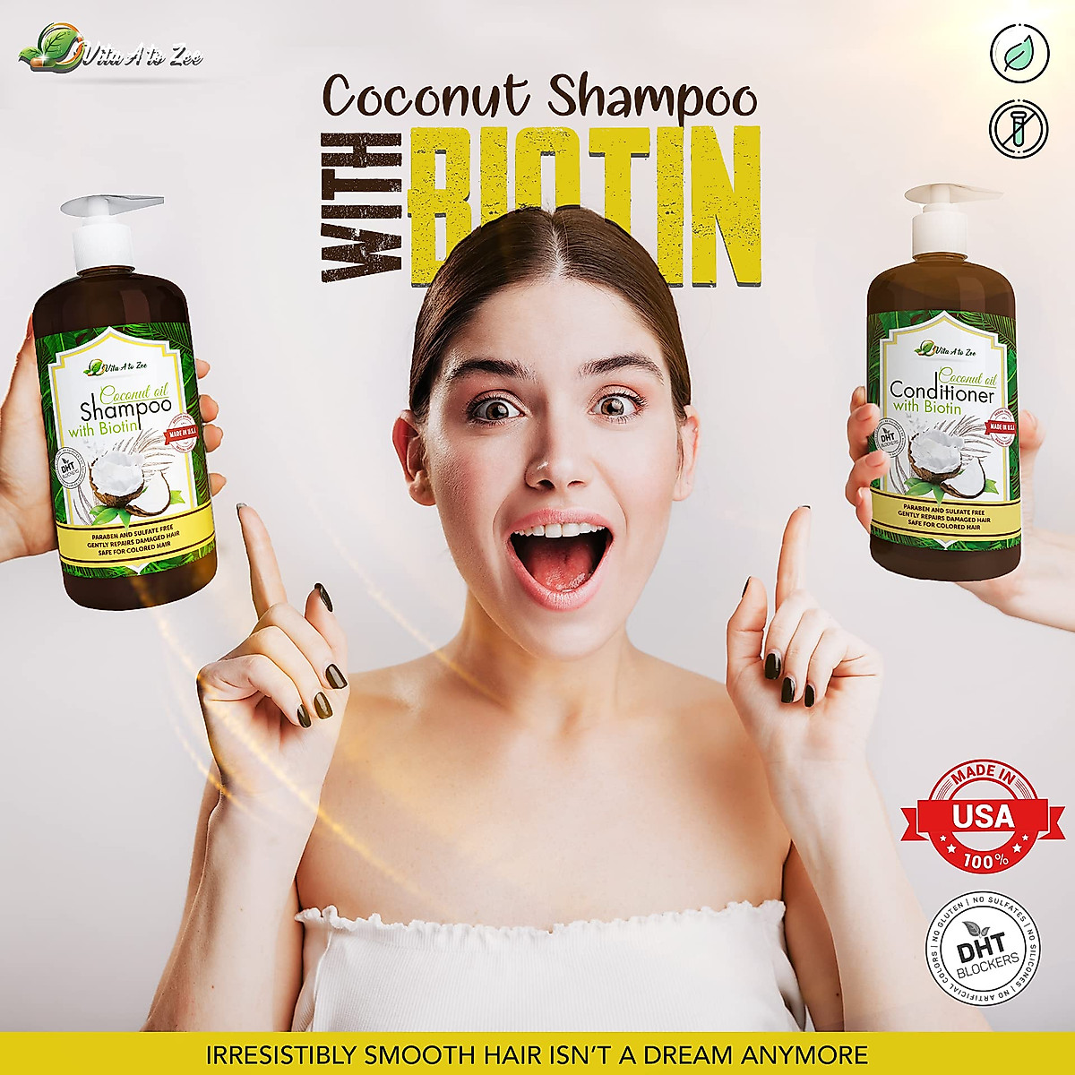 Vita A to Zee Coconut Oil Shampoo & Conditioner with Biotin, Aloe Vera (2 x 16.9 Fl Oz) – Hair Regrowth Shampoo Conditioner for Dry, Frizzy & Coarse Hair - Hydrating & Flyaway Taming Hair & Scalp Care