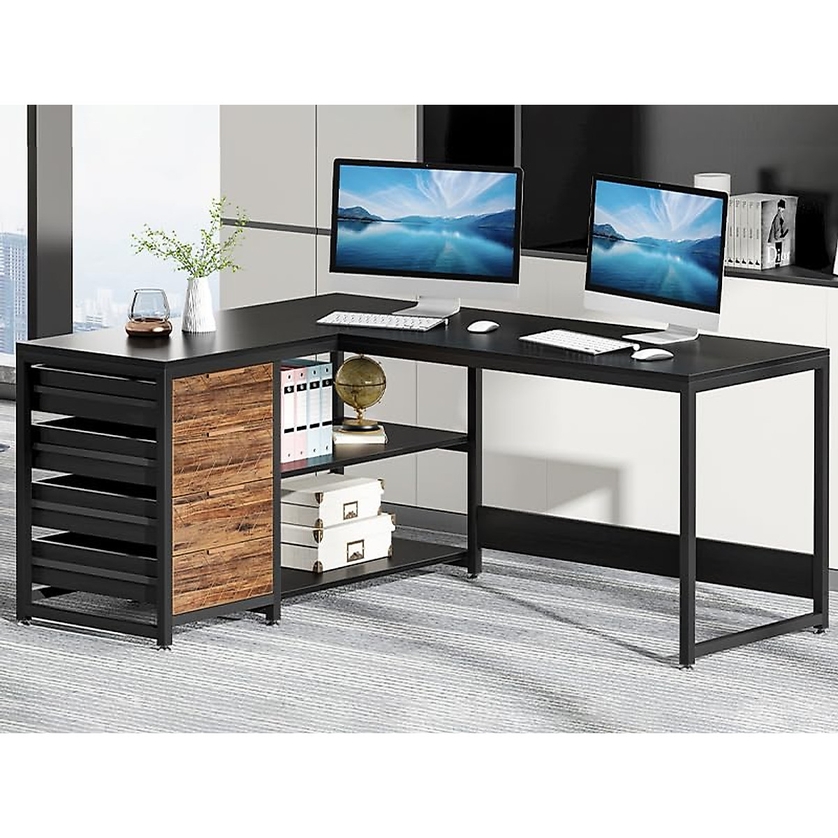 Tribesigns L Shaped Computer Desk with Storage Drawers, 59 inch Corner Desk with Shelves, Reversible L-Shaped Office Desk Study Writing Table Workstation for Home Office, Black