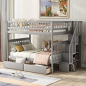 Merax Full Over Full Bunk Bed with Drawers, Storage Staircase, and Guard Rail, No Box Spring Needed, Gray