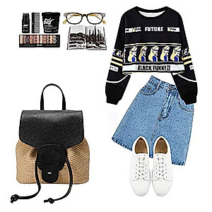 Hoce Straw Backpack Purse Mini Drawstring Flap Backpack for Women Girls Beach (Black)