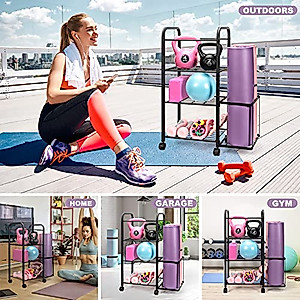 Emfogo Yoga Mat Holder Home Gym Storage Rack Yoga Mat Workout Storage for Foam Roller, Yoga Strap and Resistance Bands, Weight Rack for Dumbbells Workout Equipment Storage Organizer With Wheels