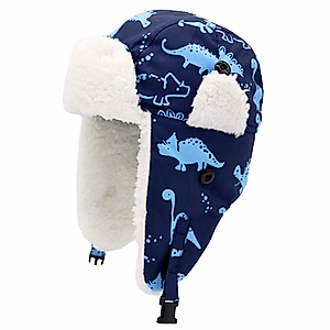 Baby Boy Hats Toddler Winter Hat Sherpa Lined Warm Trapper Hat Fleece Girl Infant Beanie Blue Dinosaur 2-5T