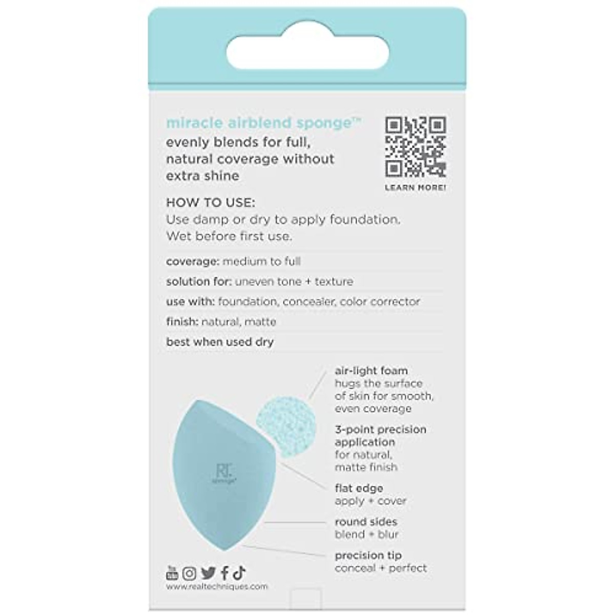 Real Techniques Miracle Airblend Sponge, Matte Makeup Blending Sponge, For Liquid, Cream, & Powder Products, Offers Medium To Full Coverage, Foundation Sponge, Latex-Free Foam, 1 Count