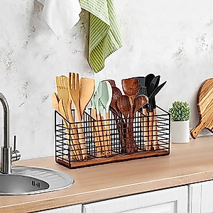THYGIFTREE Large Utensil Holder for Kitchen Counter Black Metal Cooking Utensil Organizer for Countertop 4 Compartments Kitchen Tools Holder for Spatula Utensil Crock Caddy