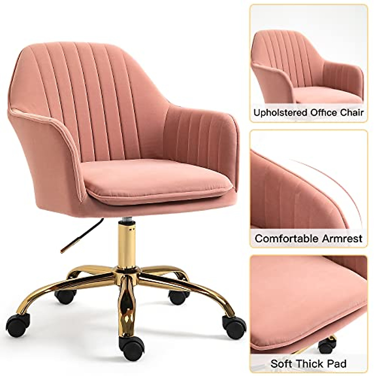 AVAWING Pink Chair Cute Office Chair, Mid-Back Vanity Chair Adjustable Task Office Chair 360°Swivel Roller Chair with Arms and Gold Metal Base for Home Office, Vanity Room, Bedroom