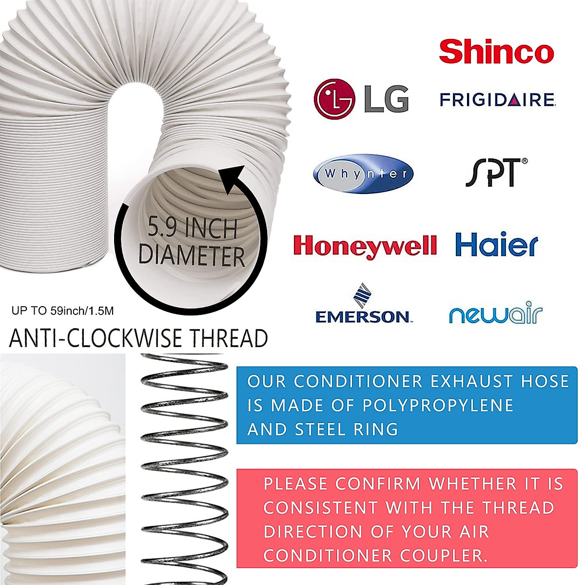 Portable AC Window Vent Kit, Adjustable Vertical/Horizontal Sliding Window Kit Plate for AC Unit, AC Window Vent Kit, AC Window Seal With 5.9 Inch Diameter, 59 Inch Length Exhaust Hose