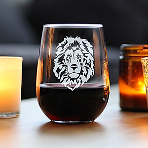 Lion Stemless Wine Glass - Fun Safari Themed Decor and Gifts for Lovers of African Wild Animals - Large 17 Oz Glasses