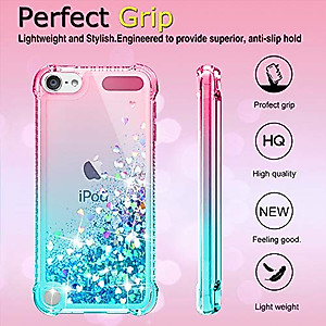 iPod Touch 7 Case, iPod Touch 6/Touch 5 Case with HD Screen Protector for Girls Women, Gritup Cute Clear Gradient Glitter Liquid TPU Slim Phone Case for Apple iPod Touch 7th/ 6th/ 5th Pink/Teal