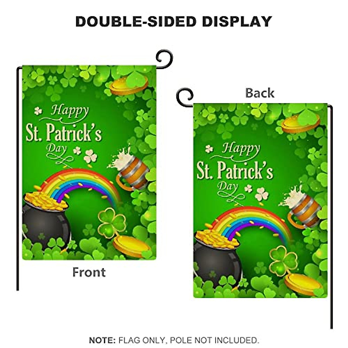 Happy St Patrick's Day Shamrock Spring Clover Lucky Rainbow Coin Pot House Flag 12.5" x 18" Double Sided Polyester Welcome Large Yard Garden Flag Banners for Patio Lawn Home Outdoor Decor-L33