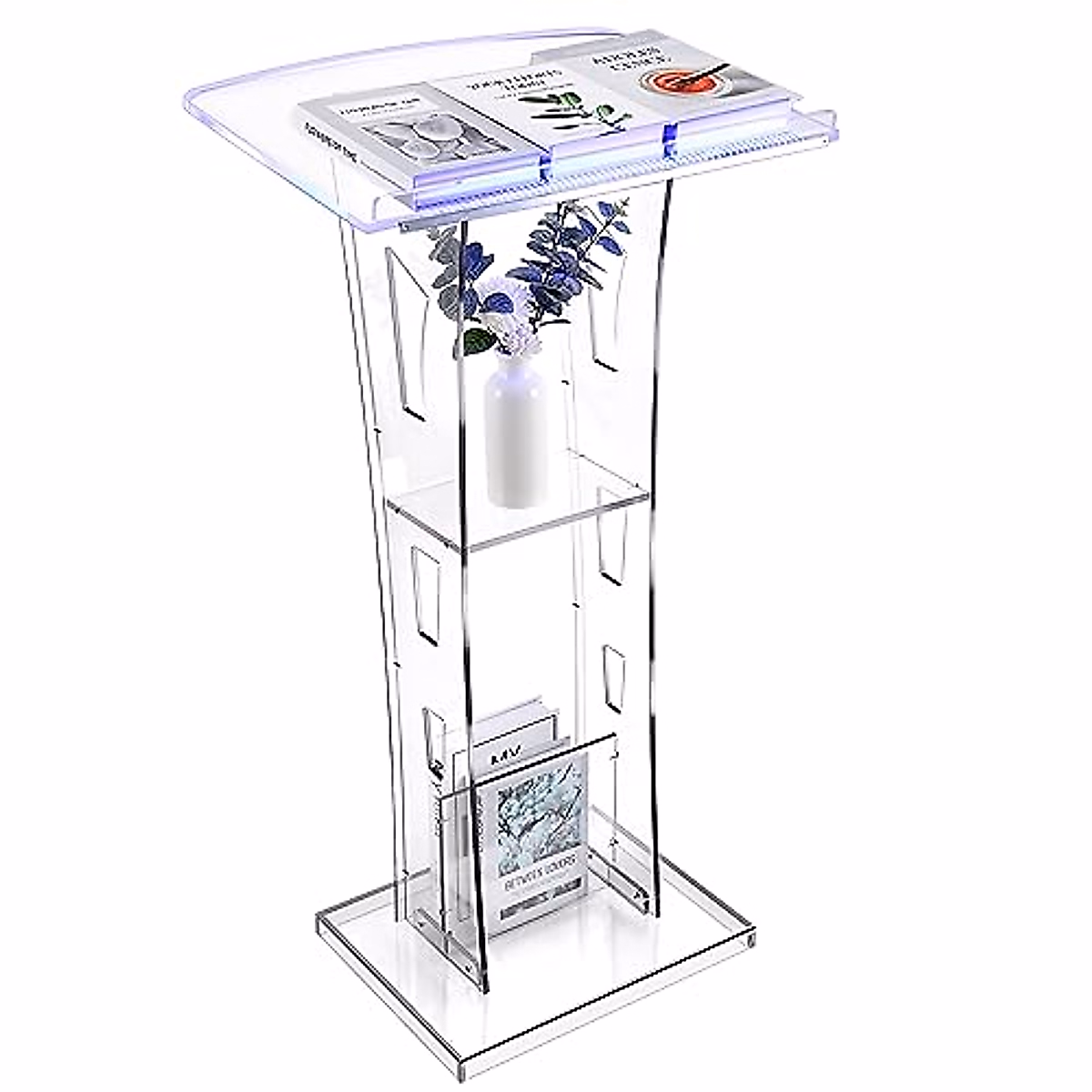 Acrylic Podium Stand with Led Light, Clear Podium with Storage Shelf, Portable Lecterns Pulpit for Church Wedding Classroom Conference Floor Standing Style, Slanted Top