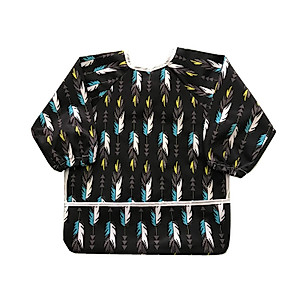 MUMBABY Baby Bib Sleeved Shirt with Pocket 1-3 Years Old Toddler Smock, Waterproof and Washable (White Feather