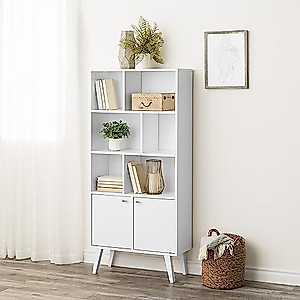 Prepac Milo Mid-Century Modern Bookcase with Six Shelves, Two Doors, and Brushed Brass-Finished Knobs