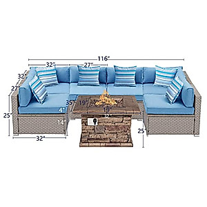 SUNBURY 7 Pieces Patio Furniture Set with Fire Table, PE Wicker Outdoor Sectional Sofa with 35-inch 50000 BTU Gas Fire Pit Table, Patio Conversation Set, Propane Fire Pit Table
