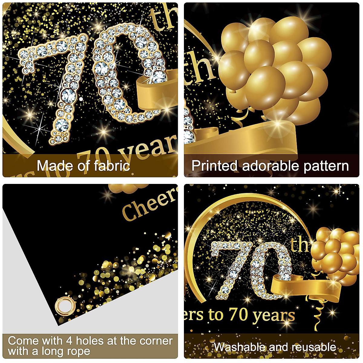 Kauayurk 70th Birthday Banner Backdrop Decorations & Balloon Garland Arch Kit for Men Women, Gold Extra Large Cheers to 70 Years Birthday Party Supplies, Seventy Birthday Poster Photo Booth