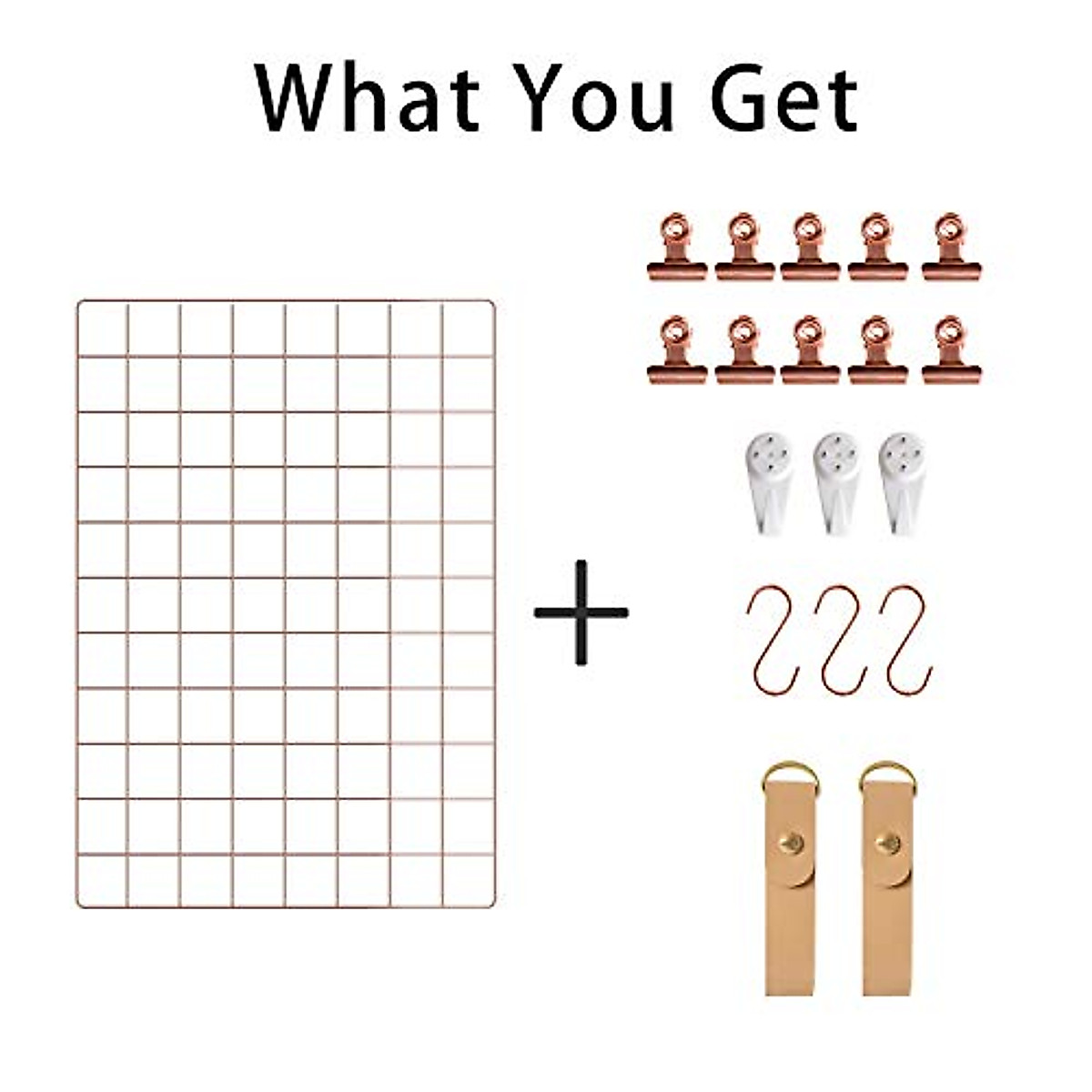 FRIADE Rose Gold Metal Wire Wall Grid Panel for Photo Display,Display Ledge,Wall Organizer for Living Room,Bedroom，10 Metal Clips&2 Leather Straps&3 Nails Offered,Set of 1 (Rose Gold:25.5”x17.7”)