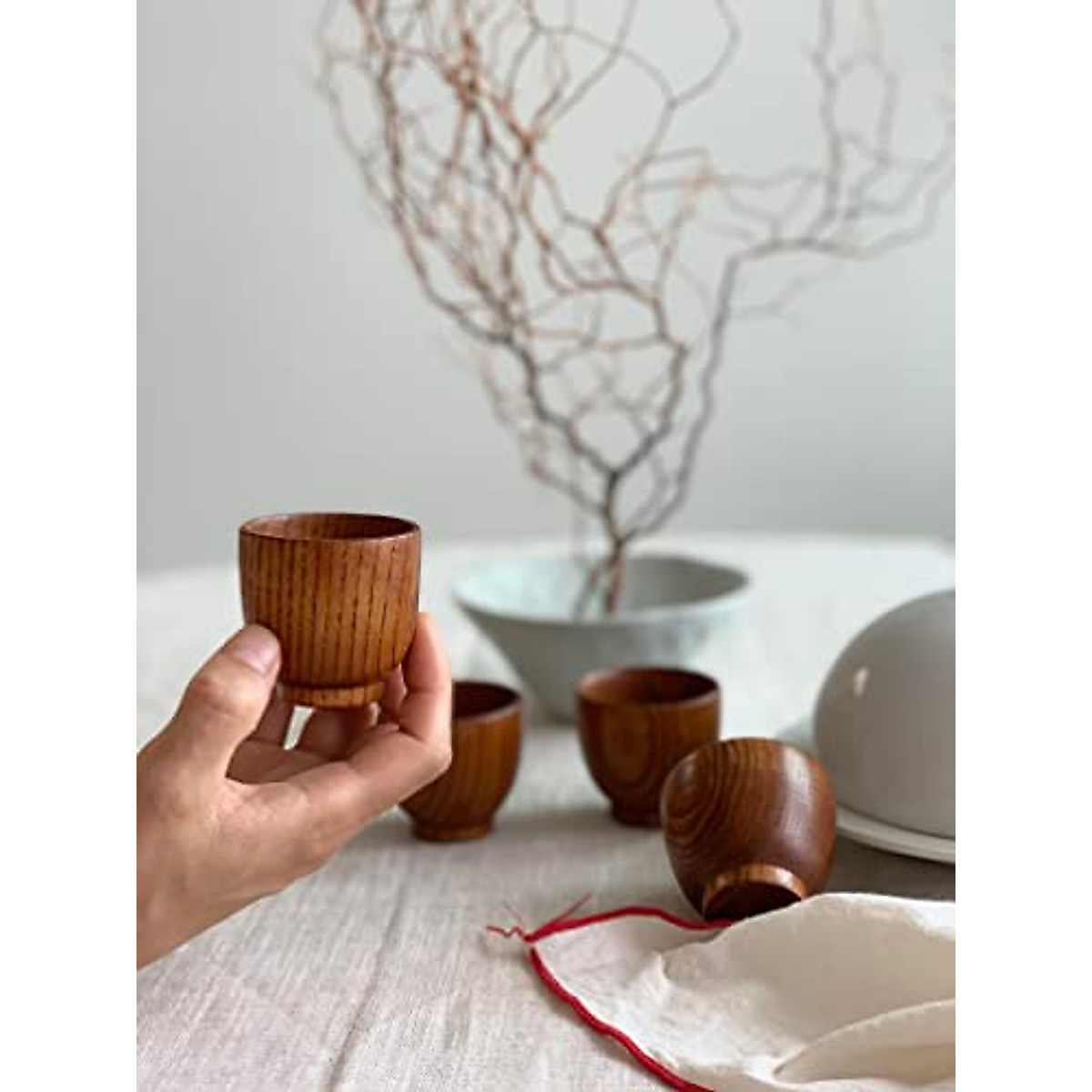 cozymomdeco Asian Traditional Handmade OTTCHIL Wood Sake Soju Cup Gift Box Set Natural Solid Wooden Shot Glass-ware Small Wooden Mug 4Pcs (Paper Box)