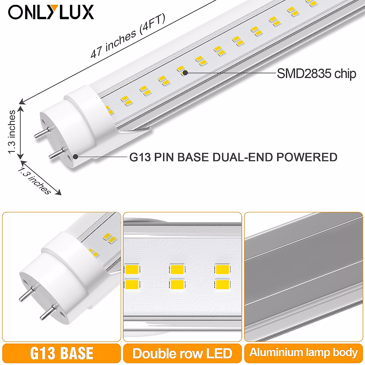 ONLYLUX T8 Bulbs 4 Foot 6500K Daylight, 5000Lumens, 36W, 4ft Led Bulbs Ballast Bypass Type B Dual-End Powered, 4ft Led Tubes Replacement F32T8 F32T12 Fluorescent Tube, 50 Pack