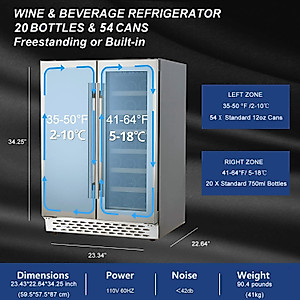 Takywep Beverage and Wine Cooler - Dual Zone, Built-in and Freestanding, Holds 54 Cans and 20 Bottles, Independent Temperature Control, Upgraded Quiet Compressor.