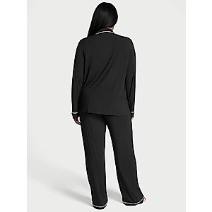 Victoria's Secret Modal Pajama Set, Long Sleeve Shirt and Pants, Pajamas for Women, Black W Angel Pink Piping, M