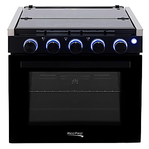 RecPro RV Stove Black Finish | Gas Range 21" Tall | 6500 and 8000 BTU Three Burner | 7100 BTU Oven with 1.8 Cu. Ft Capacity | Optional Vented Range Hood