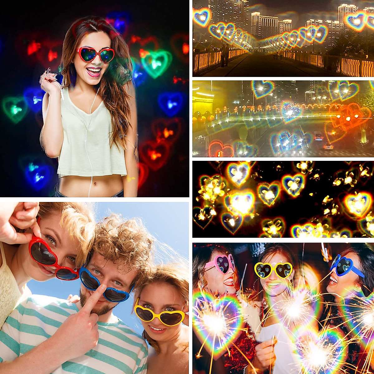 YQVIE Heart Shaped Sunglasses with Heart Effect for Women Light Changing Heart Effect Diffraction Glasses for Party Supplies (Black/White/Red/Pink)