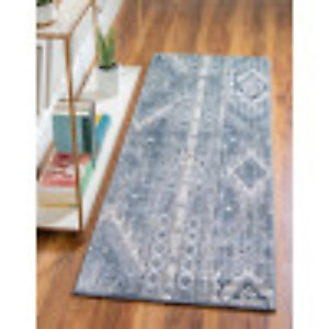 Unique Loom Portland Collection Southwestern Inspired Striped Tone Area Rug, 2 ft 2 in x 12 ft, Blue/Gray