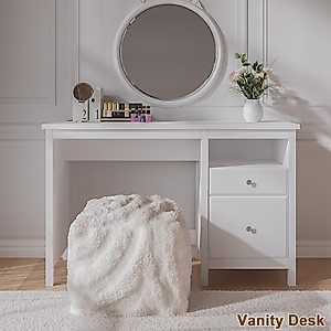 ChooChoo 47" White Desk with Drawers, Wood Home Office Computer Desk with Charging Station, 2 Storage Drawers and Open Shelf, Writing Study Table Vanity Desk