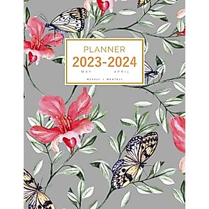 Planner 2023-2024: 8.5 x 11 Weekly and Monthly Organizer from May 2023 to April 2024 | Realistic Butterfly Flower Design Gray
