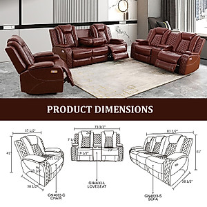 GEBADOL Power Reclining Sofa Set, Living Room Furniture Set with USB Ports, Leather Recliner Couches Set for Living Room/Apartment/Office/Home Theather (Burgundy, Sofa)