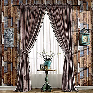 Melodieux Set of 2 Pom Pom Velvet Blackout Lined Thermal Insulated Rod Pocket Curtains for Bedroom, 52x84 Inch, Dusty Pink (1 Pair)